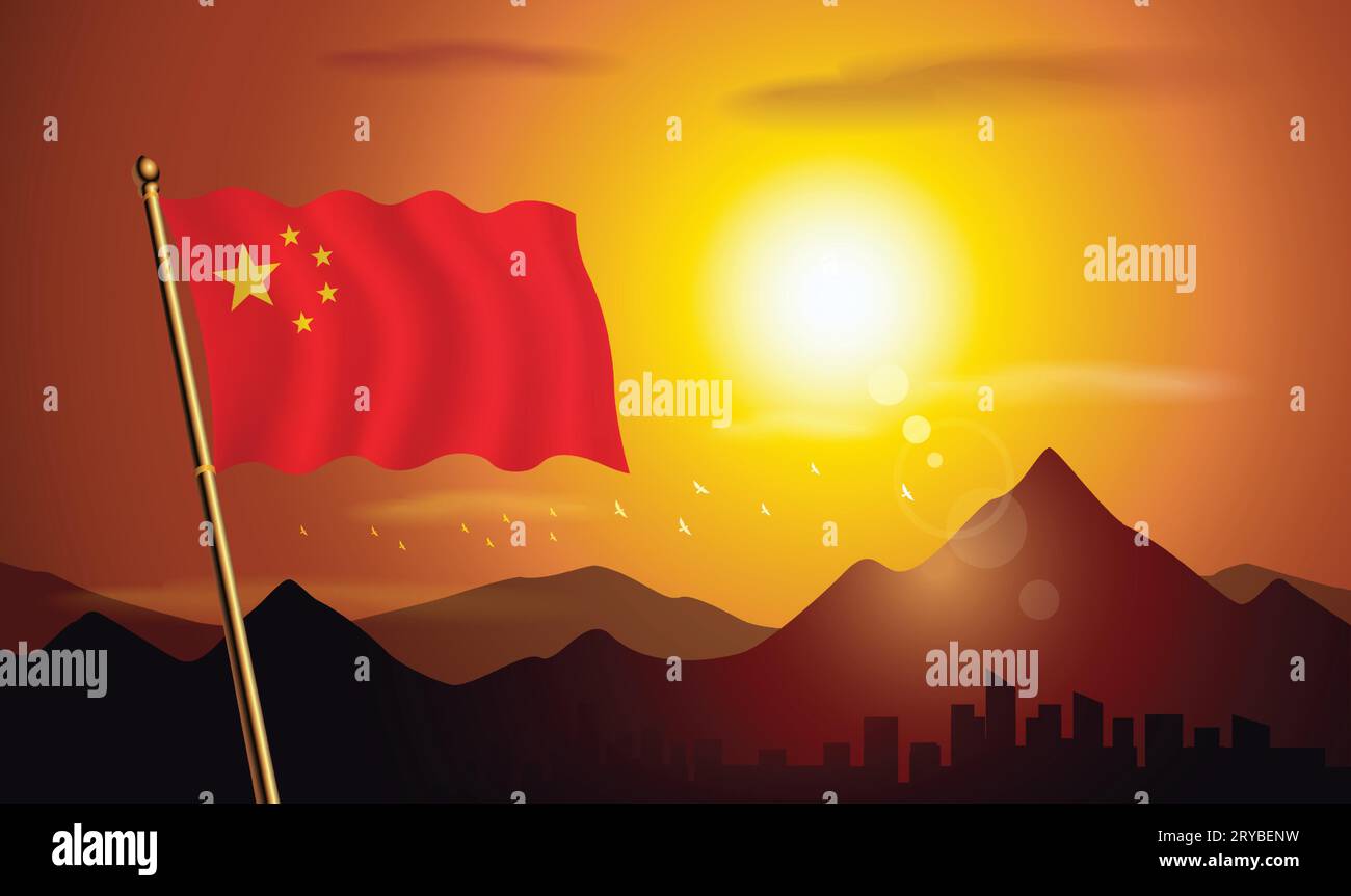 China flag with sunset background of mountains and lakes Stock Vector ...