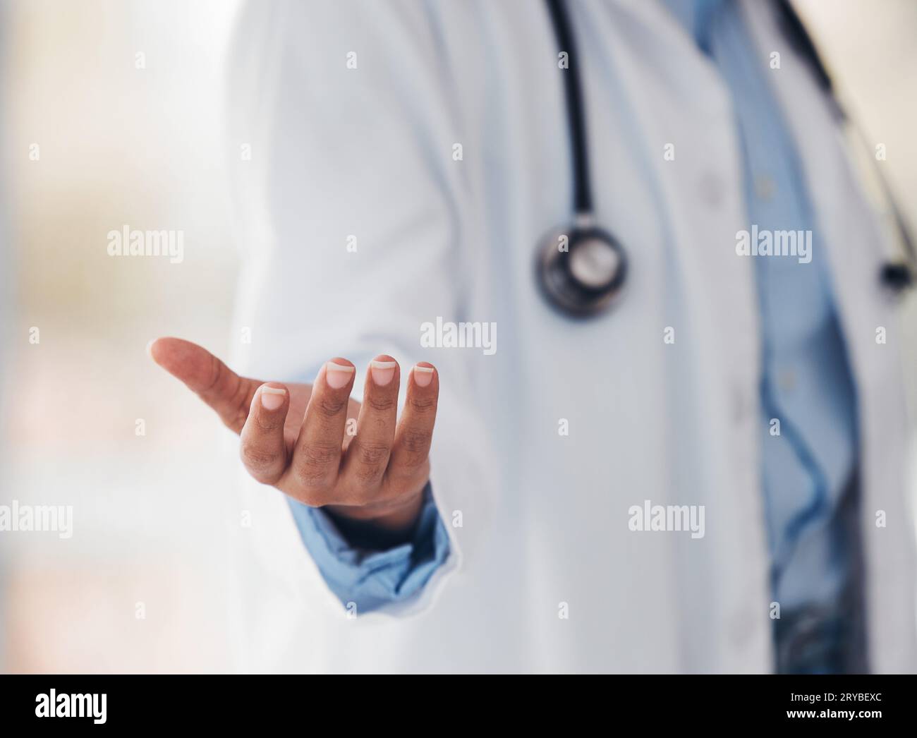 Hand, healthcare and a doctor with invisible or space advertising for ...