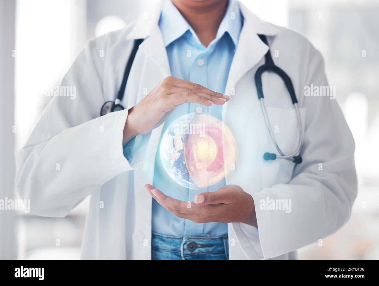 Globe, hologram and doctor in hospital for network, biometrics and ...