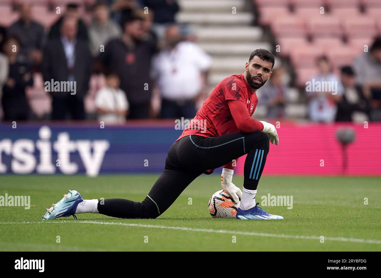 Arsenal goalkeeper David Raya warms up before the Premier League match ...