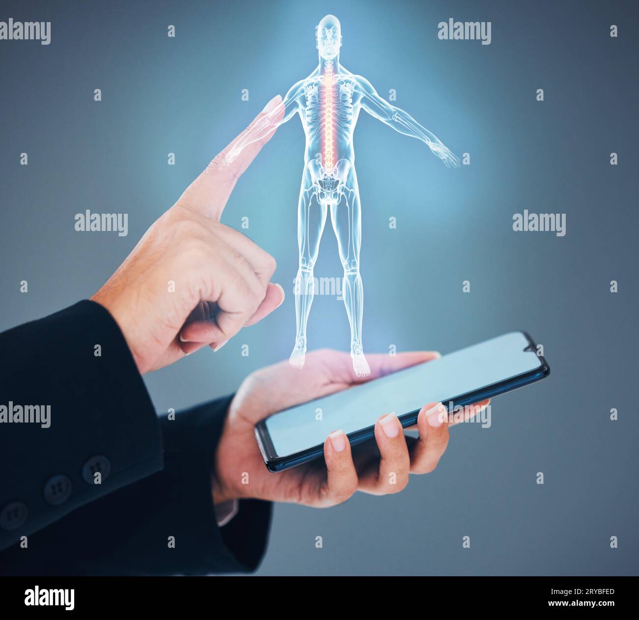 Person, hands and phone with body hologram, x ray or mockup for anatomy ...