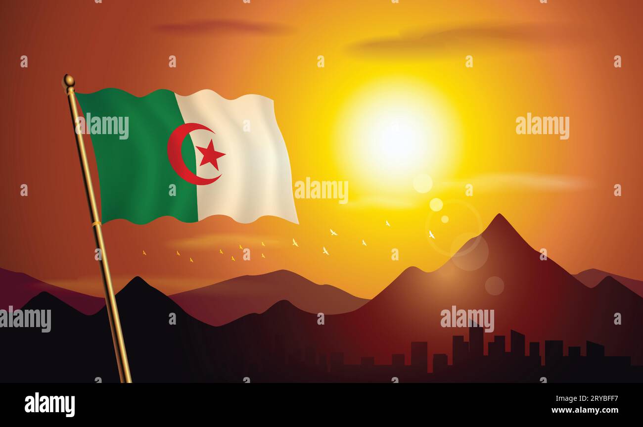 Algeria flag with sunset background of mountains and lakes Stock Vector ...