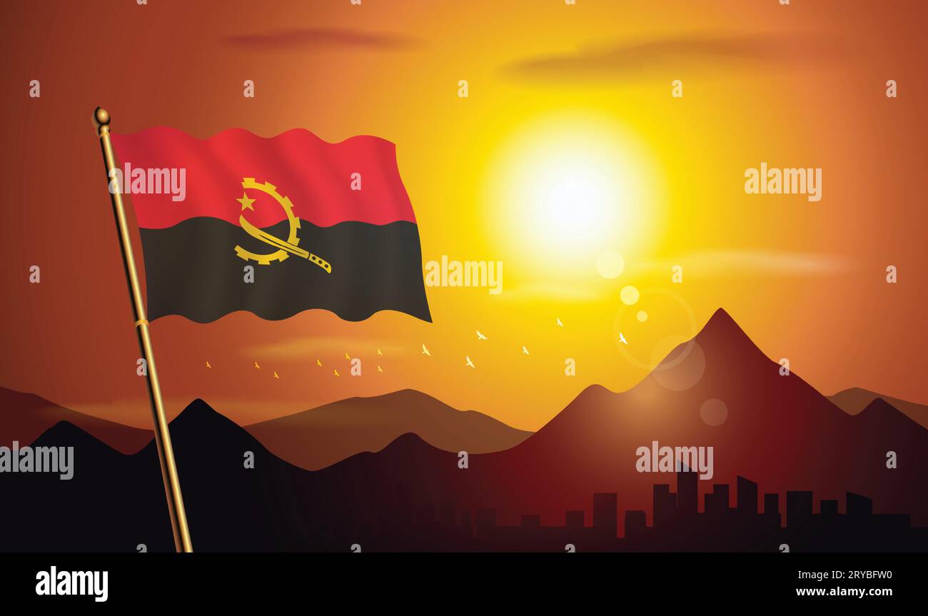 Angola flag with sunset background of mountains and lakes Stock Vector ...