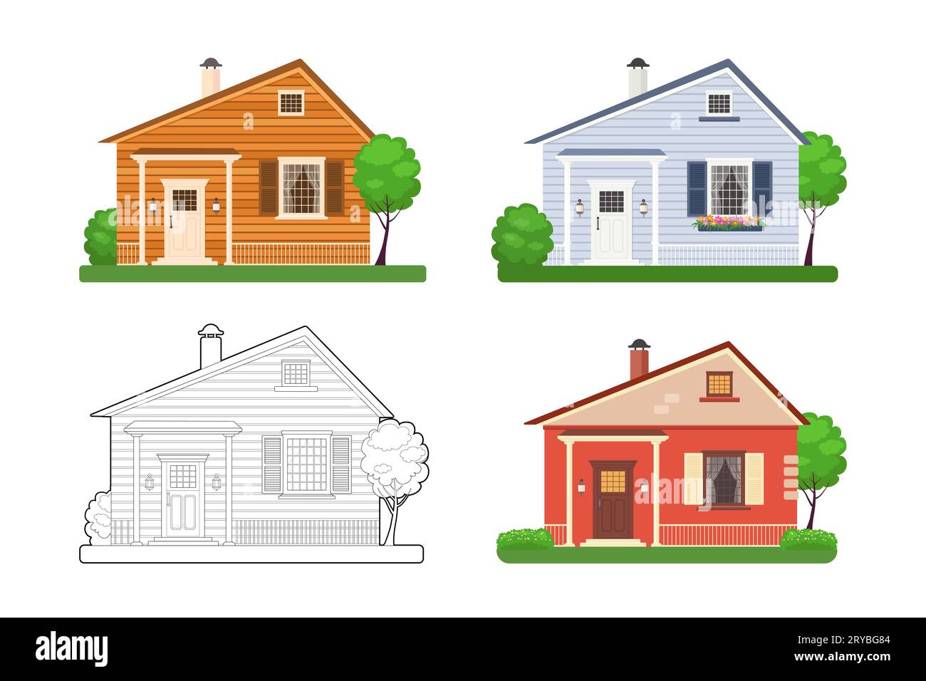 Set of cute color and contour houses with plants. Vector illustration ...