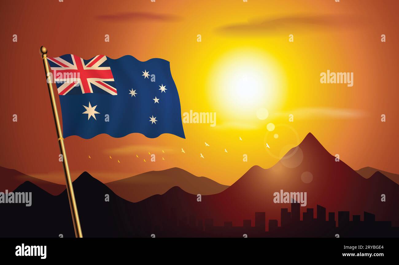 Australia flag with sunset background of mountains and lakes Stock ...