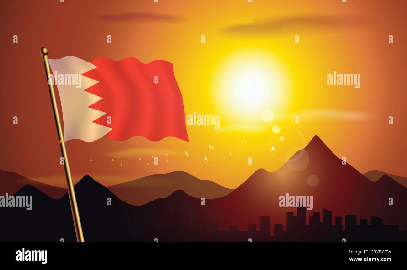 Bahrain flag with sunset background of mountains and lakes Stock Vector ...