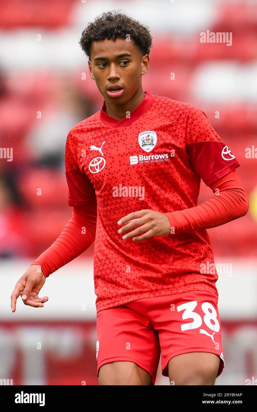 Theo Chapman #38 of Barnsley during the pre-game warmup ahead of the ...