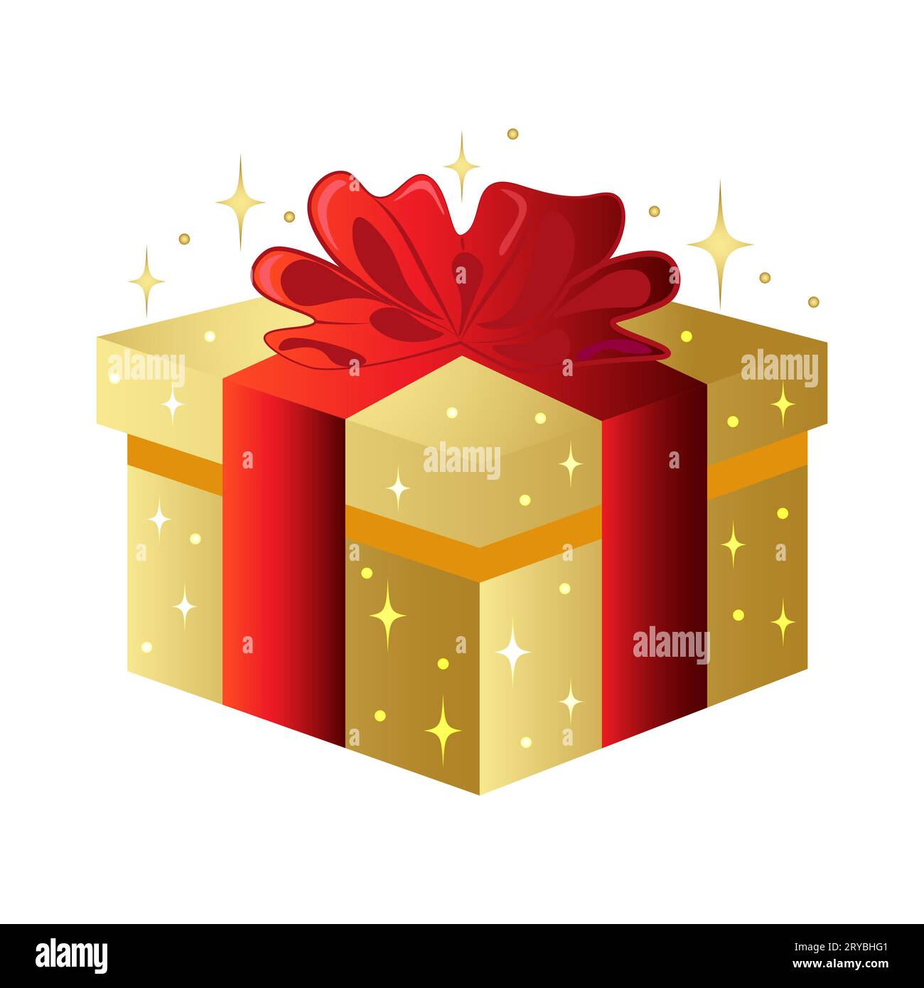 Gift, gold box with red bow and stars Fairytale image Christmas ...