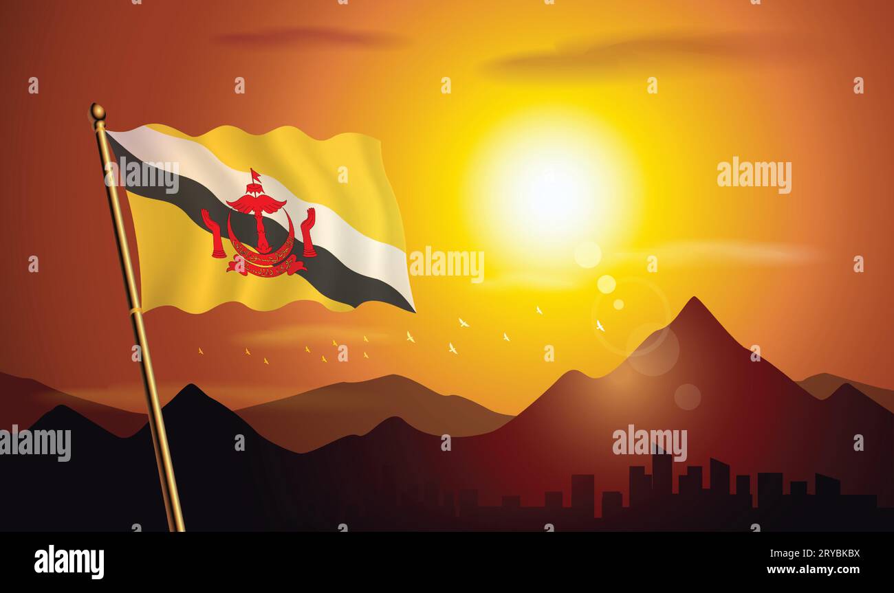 Brunei flag with sunset background of mountains and lakes Stock Vector ...