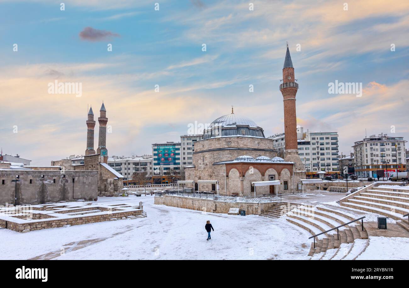 Sivas, Turkey, January 24, 2022: City view with Double Minaret Madrasah ...