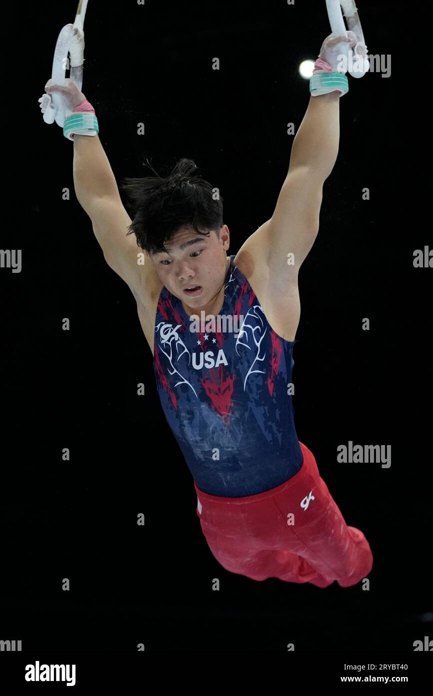 United States' Asher Hong competes on the rings during Men's ...