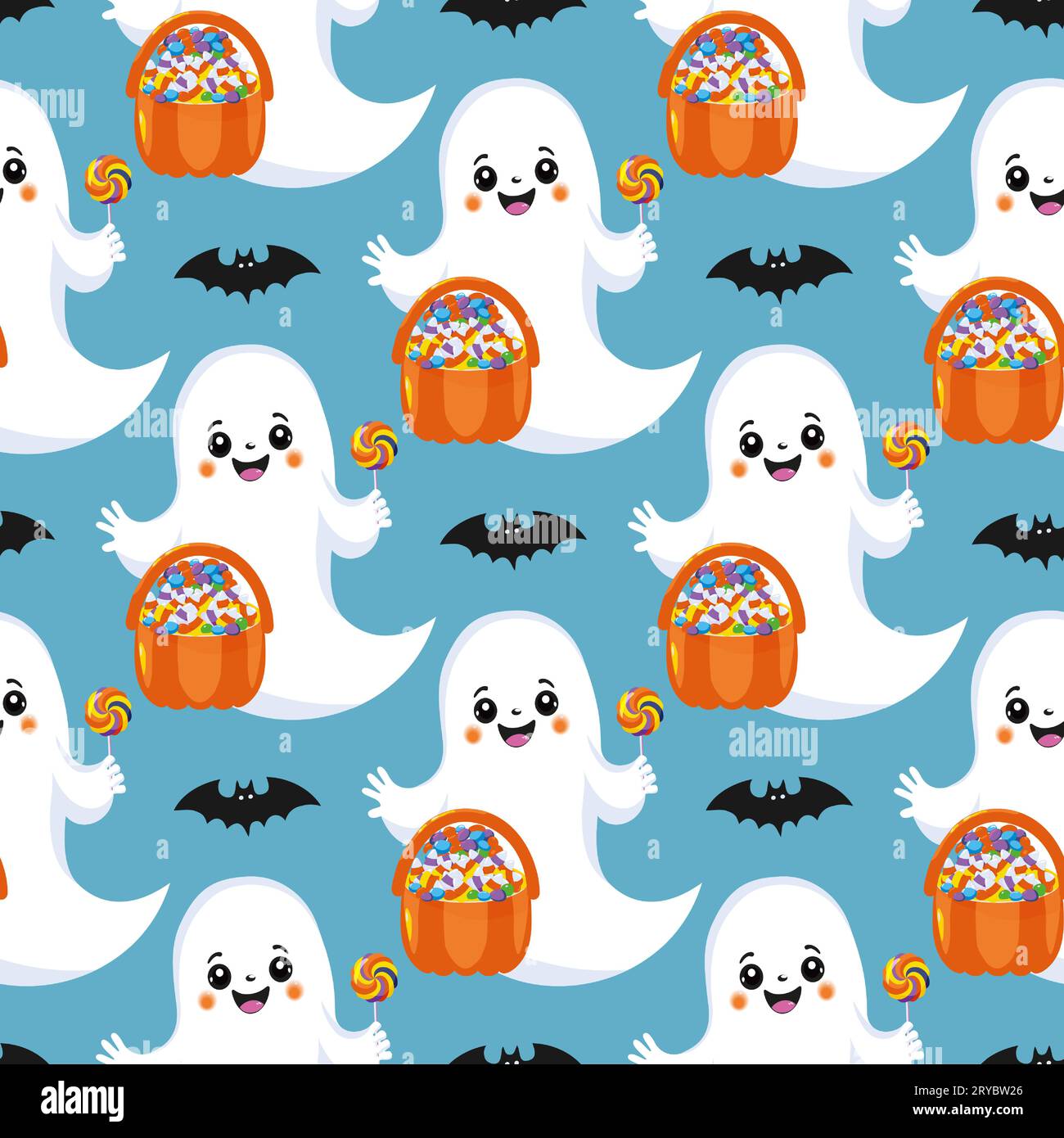 Background with Halloween ghost, pumpkin basket with candies, bat on a ...