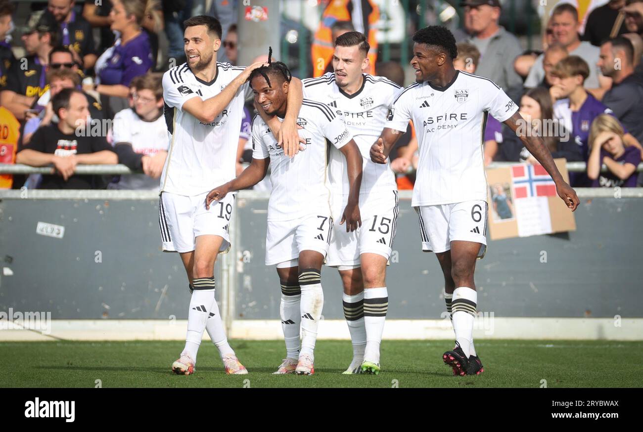Eupen, Belgium. 30th Sep, 2023. Eupen's Isaac Nuhu celebrates after ...