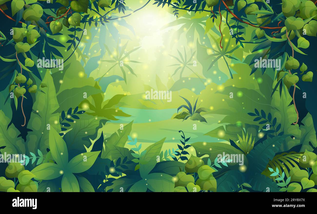 Forest background. Game landscape. Magic tropic frame. Green leaves ...