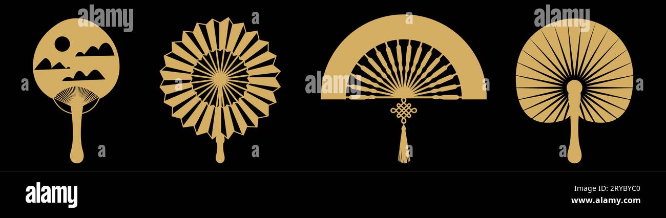 Paper fan. Golden silhouettes. Oriental folding souvenir. Japanese or ...