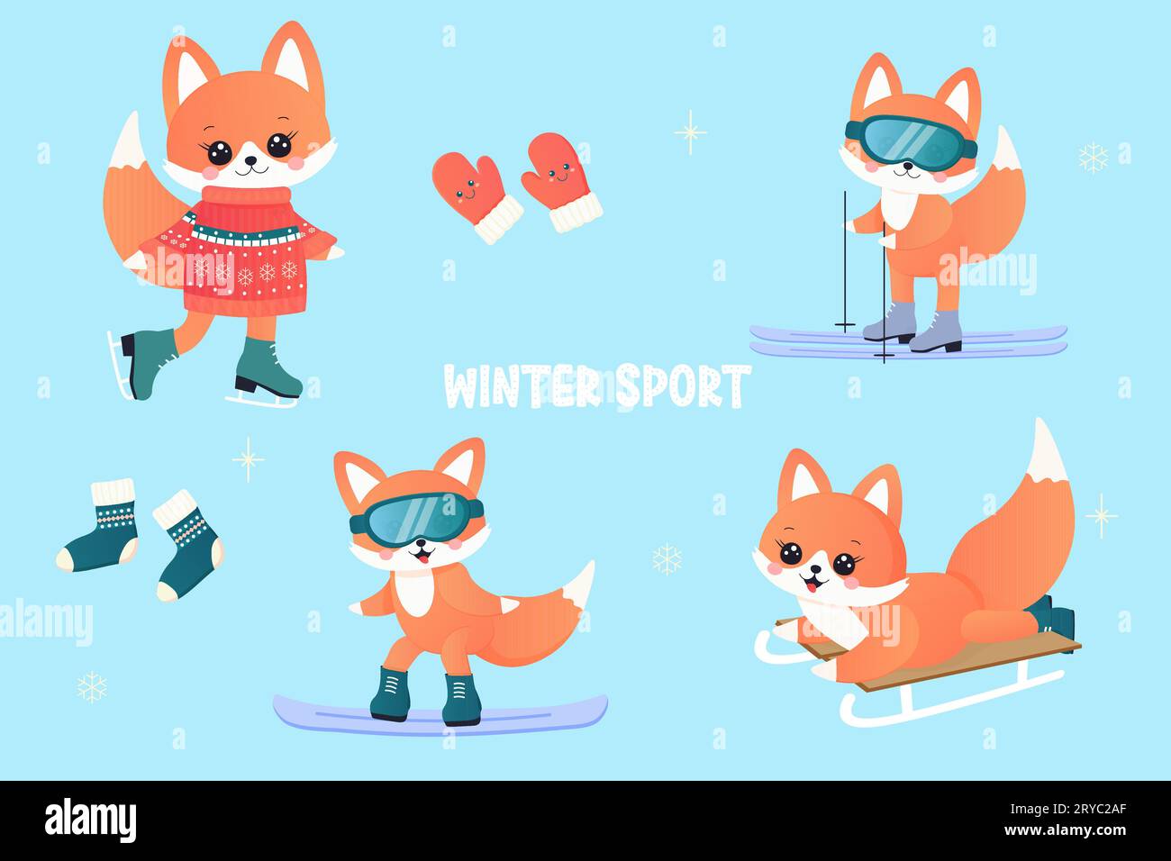 winter sports set. fox on skis, sledge, snowboard, skates. Vector ...