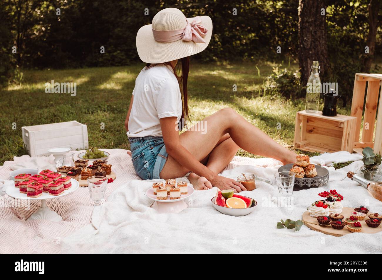 Portrait photo of woman sitting on the blanket with cakes, sweets and ...