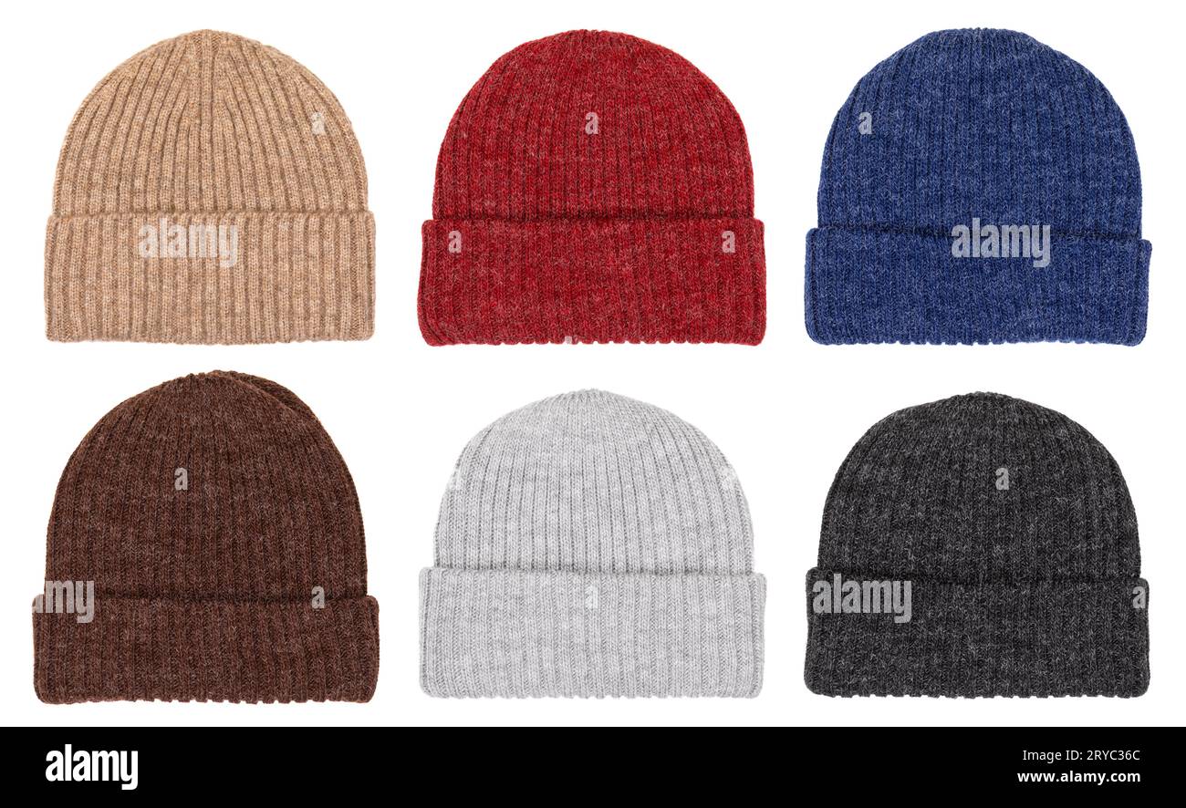 Collection of knit winter beanie hats of various colors isolated on ...