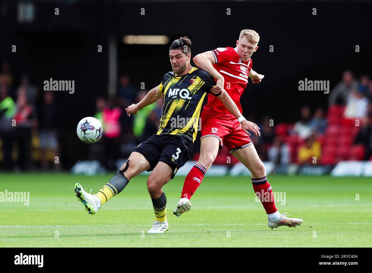 Middlesbrough's Josh Coburn battles for the ball against Watford's ...