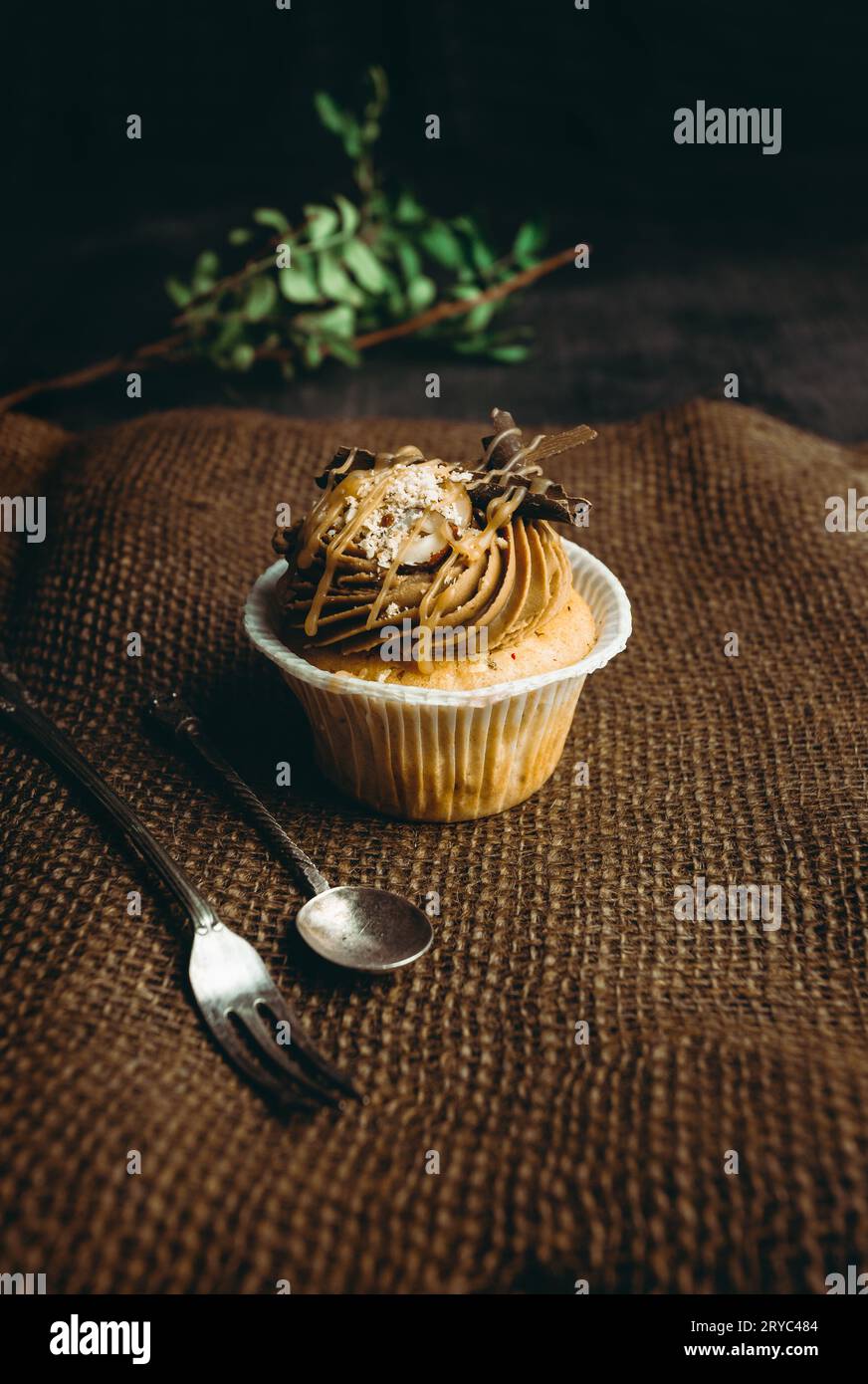 Beautiful and delicious cupcake on dark and rustical background ...