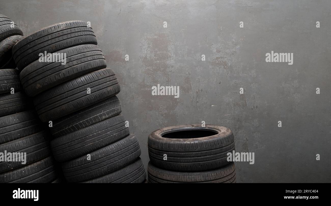 closeup tire and car parking repair garage with soft-focus in the ...