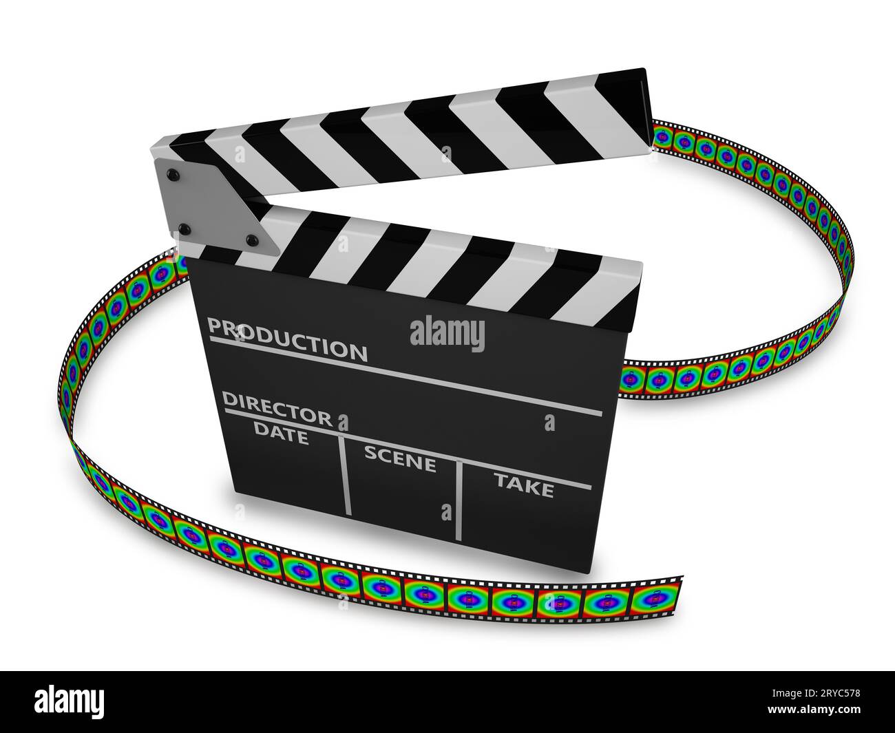 clapboard and film strip on white background Stock Photo - Alamy