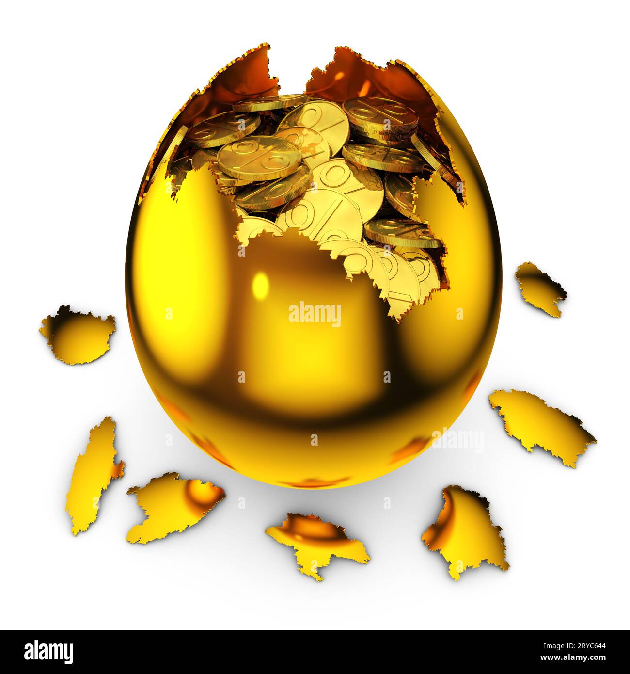 smashed golden egg with percent coins on white background Stock Photo ...