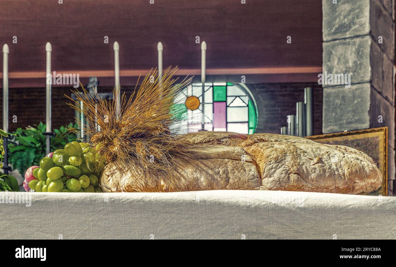 Bread, grapes and wheat symbol of Christian Holy Communion in Church ...