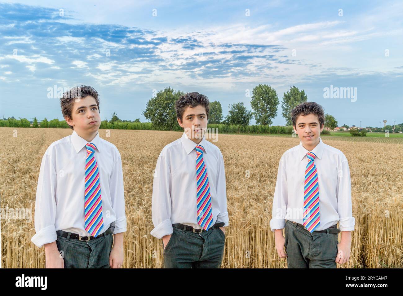 Triple boy in a golden wheat field Stock Photo - Alamy