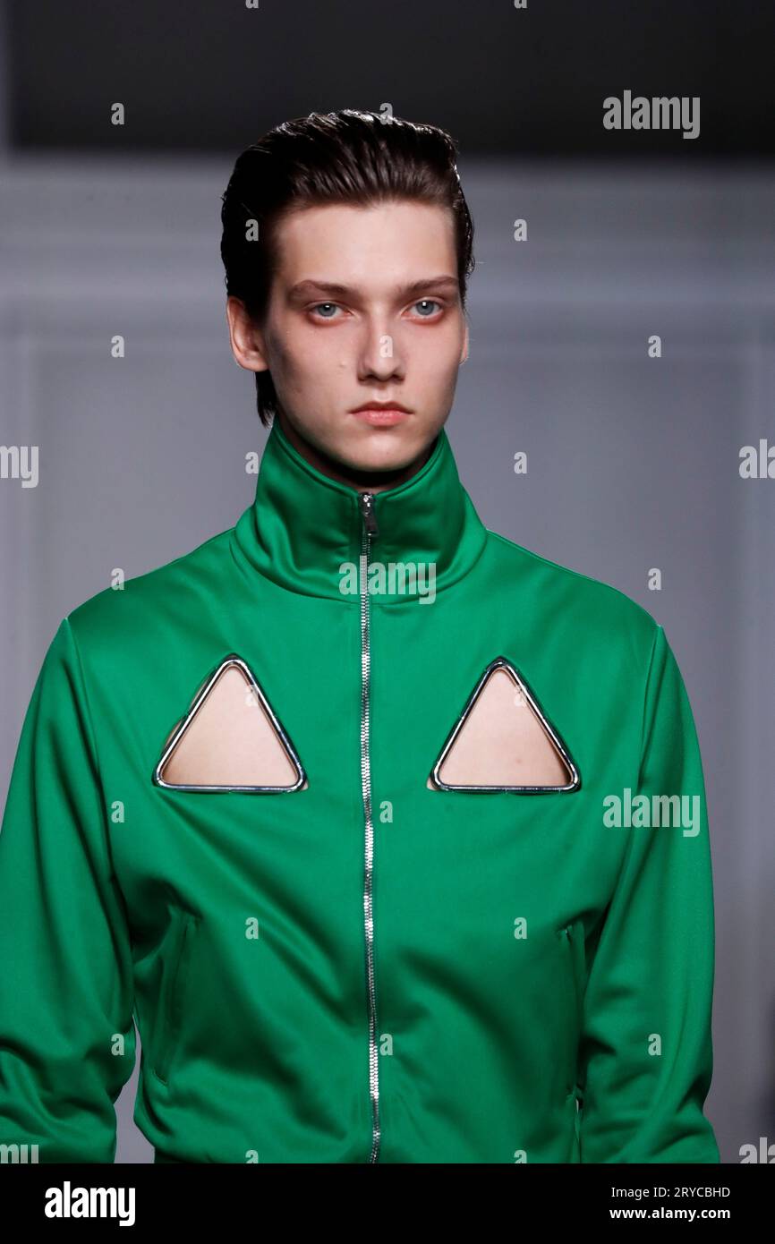 A model walks on the runway at the Coperni fashion show during the ...