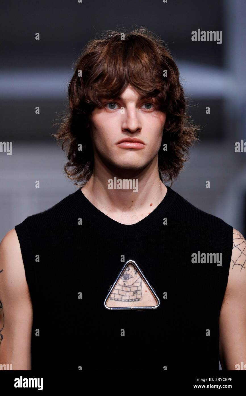 A model walks on the runway at the Coperni fashion show during the ...