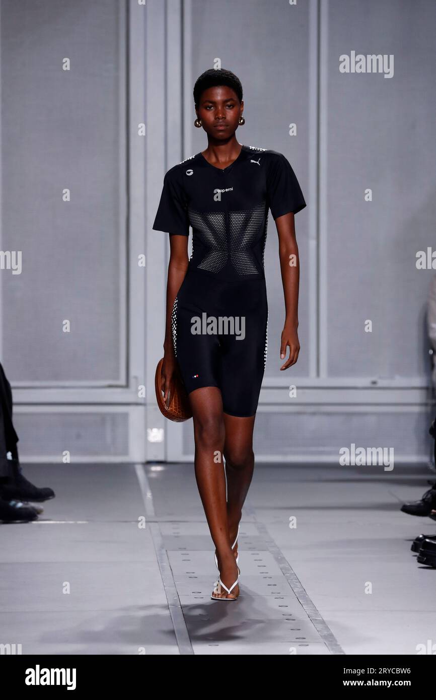 Model Victoria Fawole walks on the runway at the Coperni fashion show ...