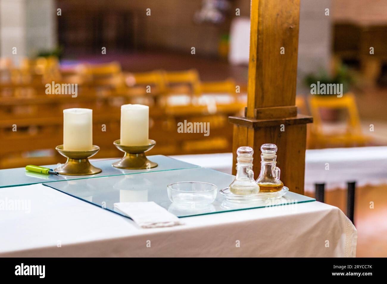 Bottles of water and wine for the Holy Mass Stock Photo - Alamy