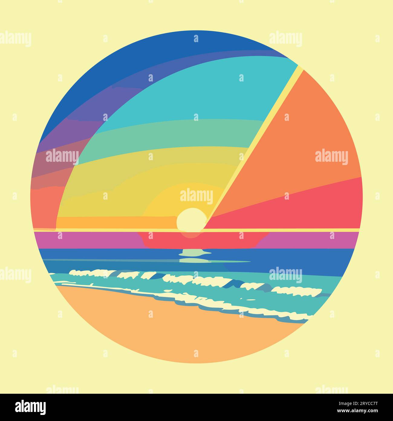 Retro sunset logo above the ocean with sun and water silhouette. Vector ...