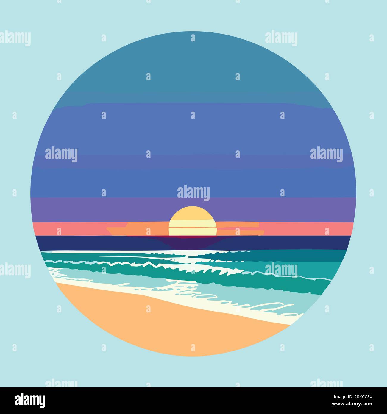 Retro sunset logo above the ocean with sun and water silhouette. Vector ...