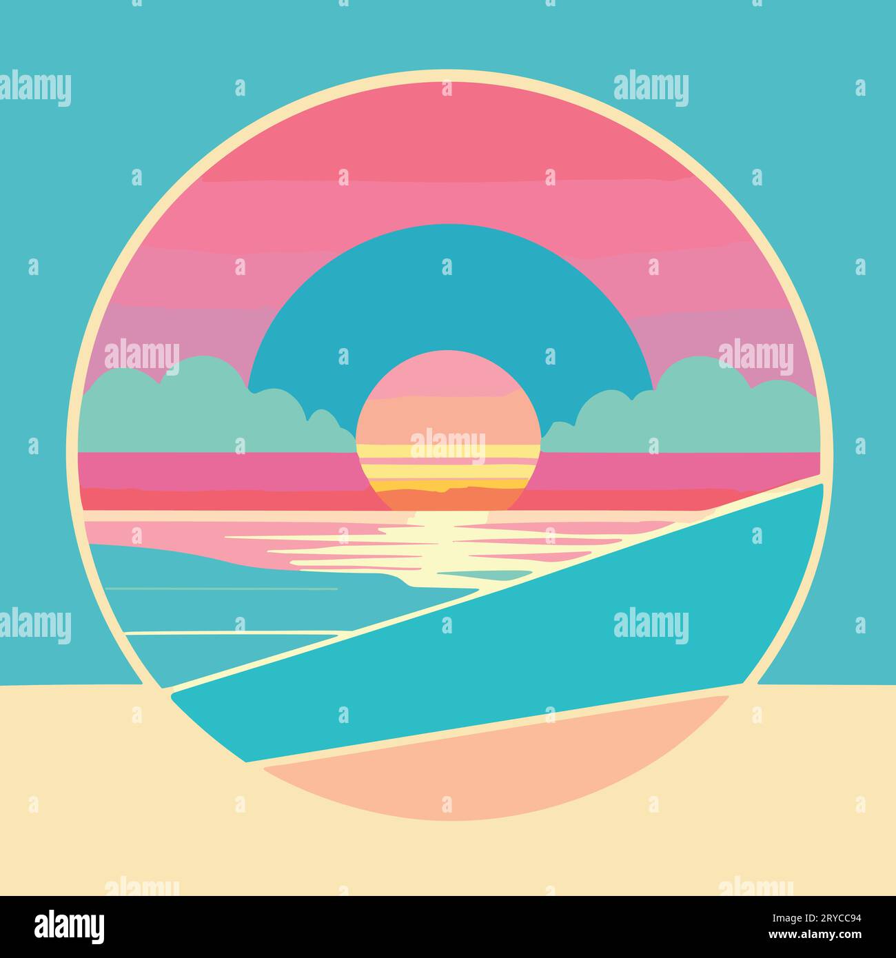 Retro sunset logo above the ocean with sun and water silhouette. Vector ...