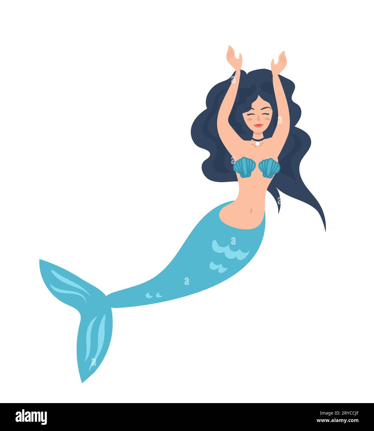 Mermaid with black hair, choker with pearl and bikini shells. Cartoon ...