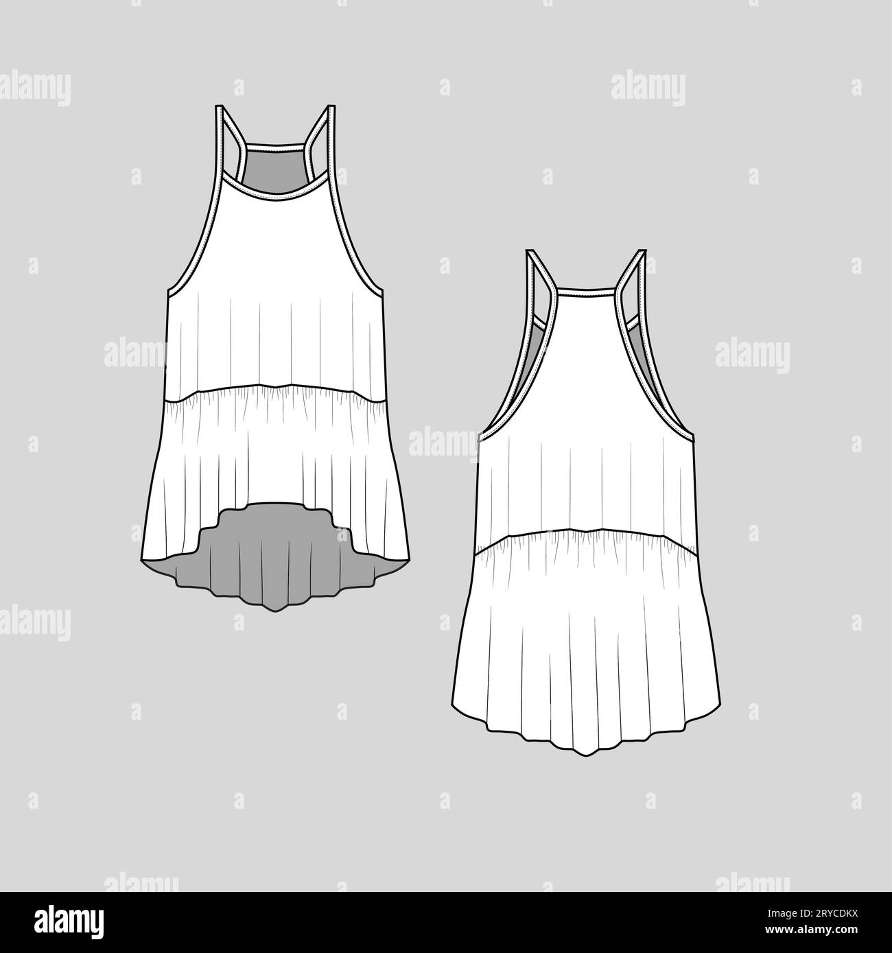 Fashion Cami top ruffles dip hem flat sketch cad mock up technical ...