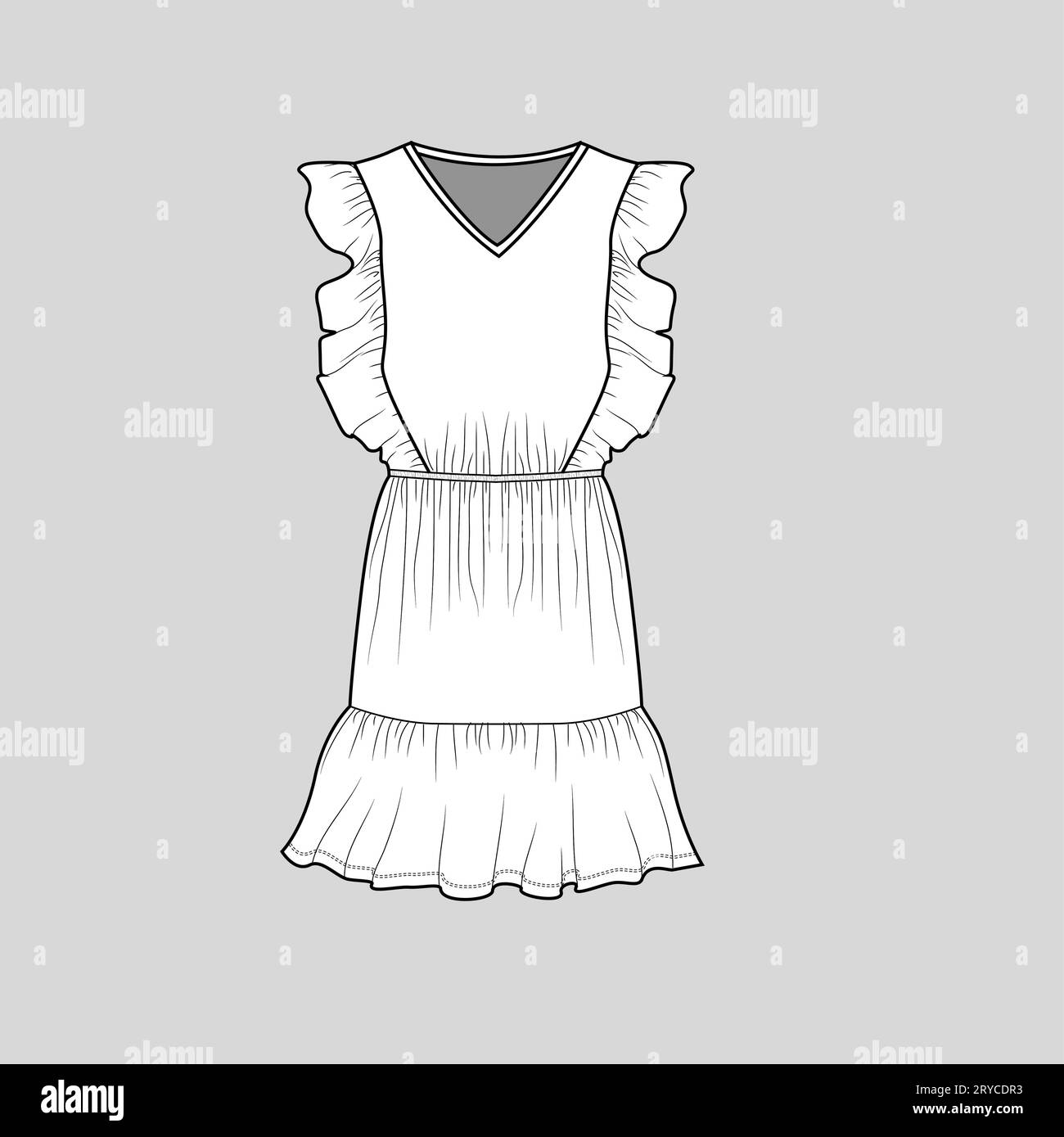 Women Boho Ruffle Dress Gathering Fashion Flat Sketch Technical Drawing
