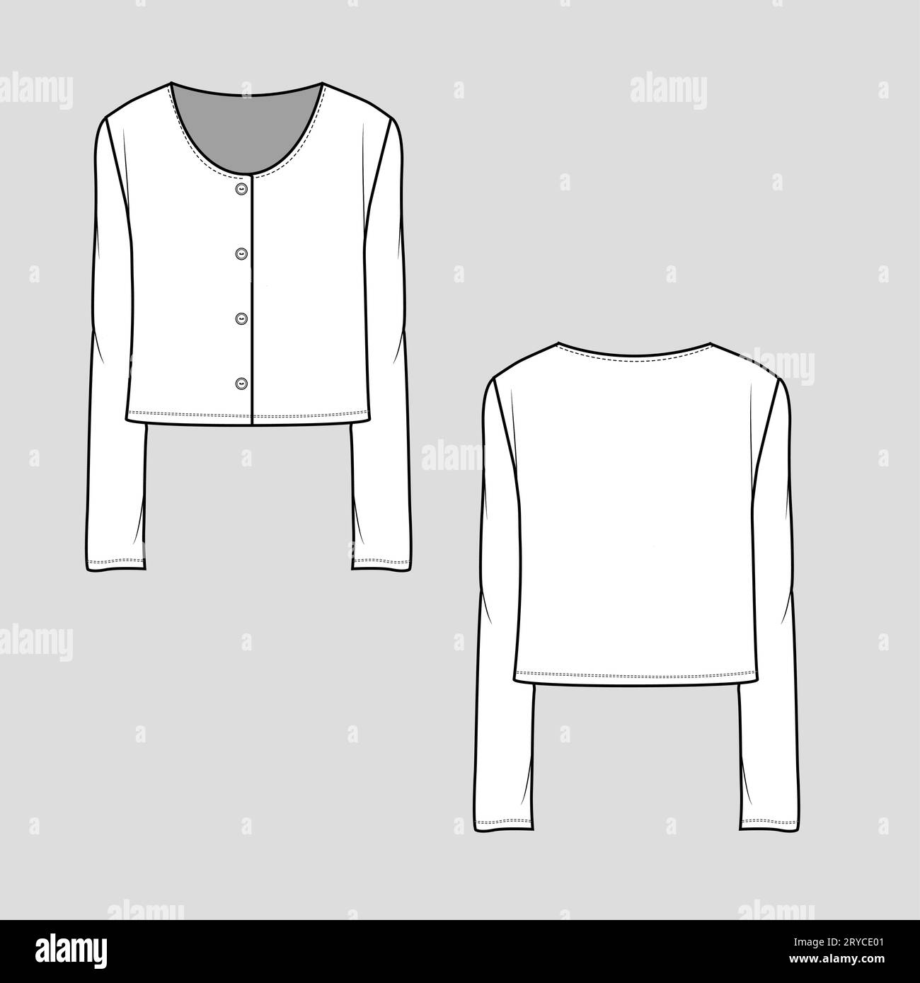 Women crop top full open button panel long sleeve crew neck Fashion t ...