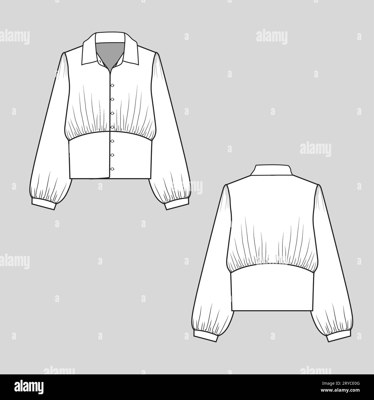 Women blouse Gathered waist collar full open button panel long sleeve t ...