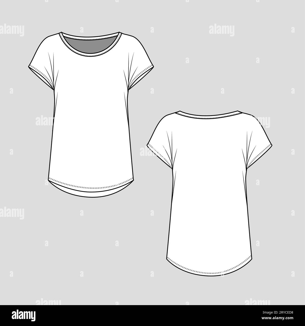 Women boat neck kimono sleeve round hem t shirt top blouse flat sketch ...