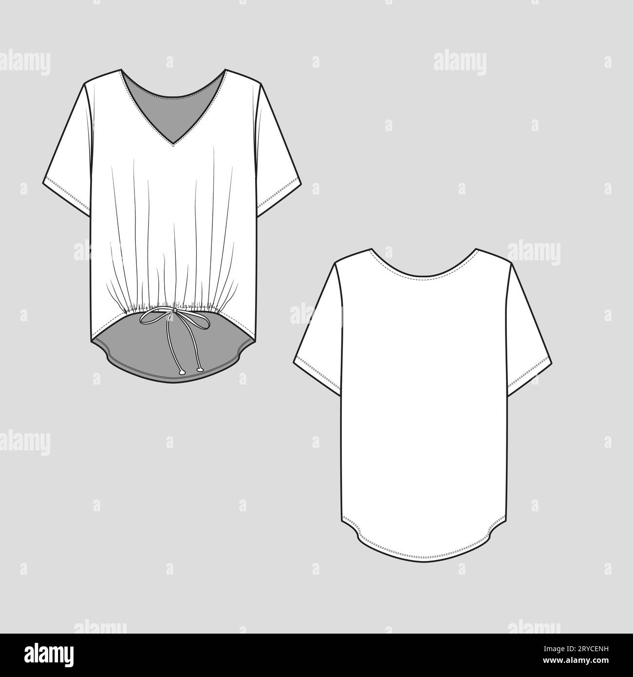 Women Front gathering knot tie dip hem v neck short sleeve fashion top ...