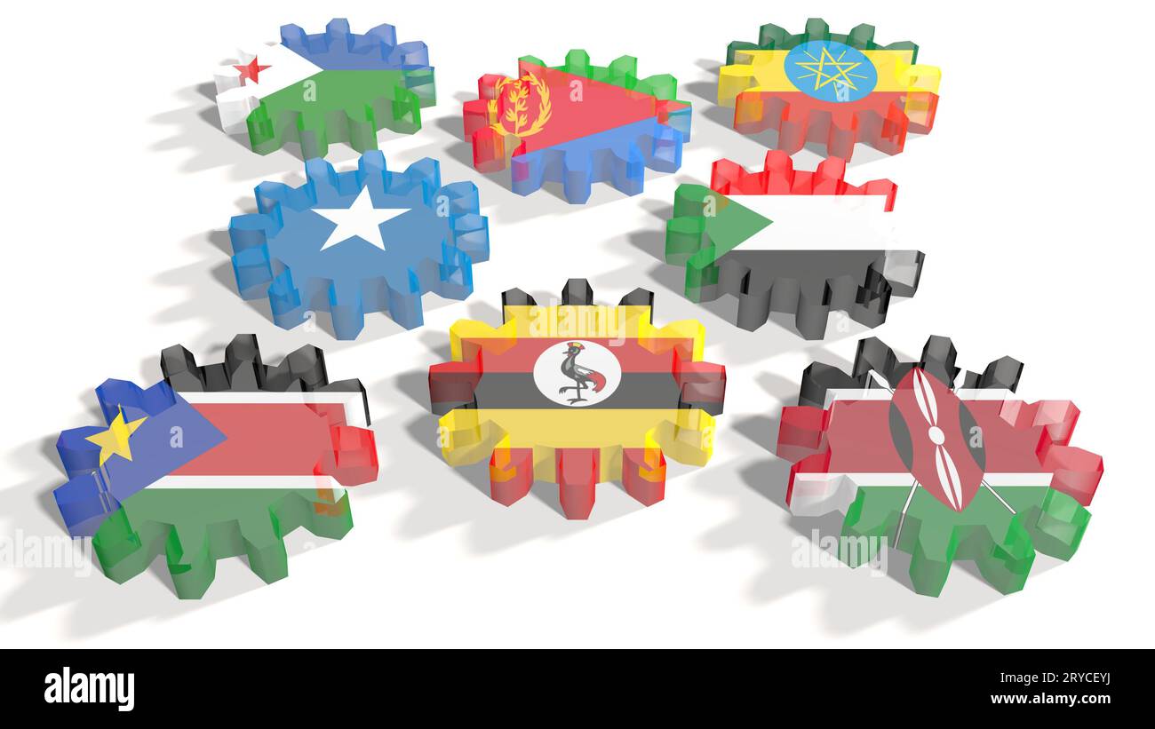 Intergovernmental Authority Development members national flags on gears ...
