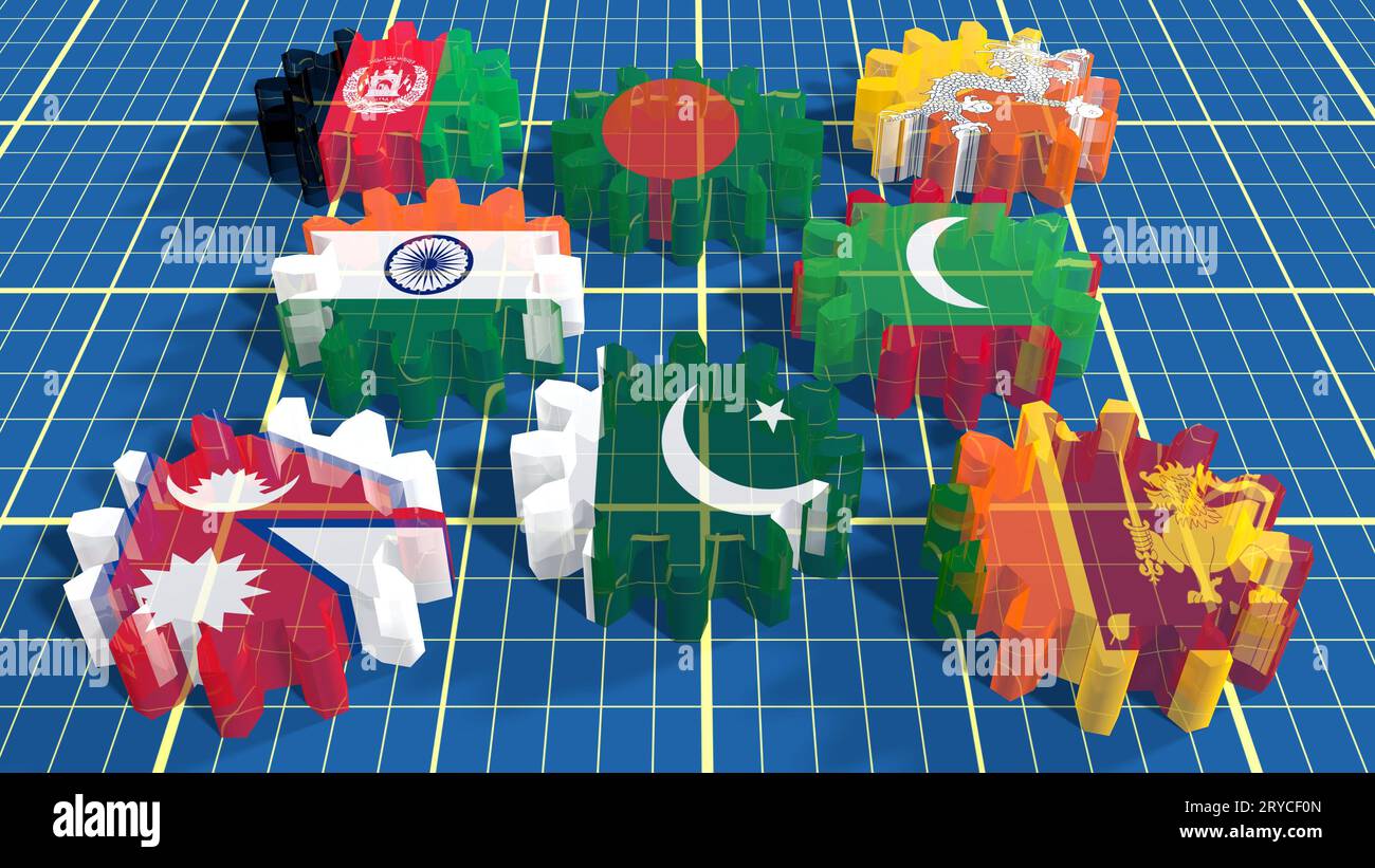 South Asian Association for Regional Cooperation members flags on gears ...