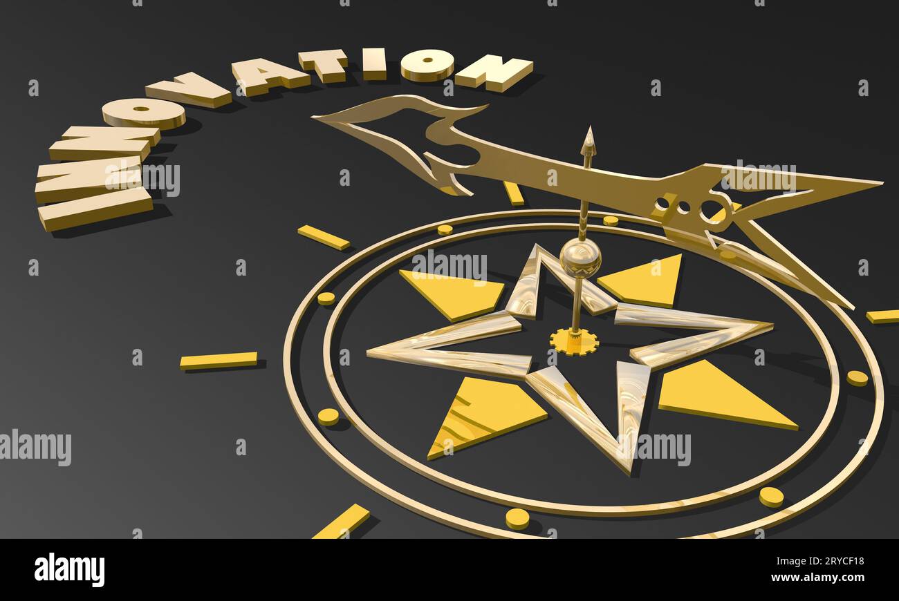 Golden arrow of a compass pointing to the word innovation Stock Photo ...