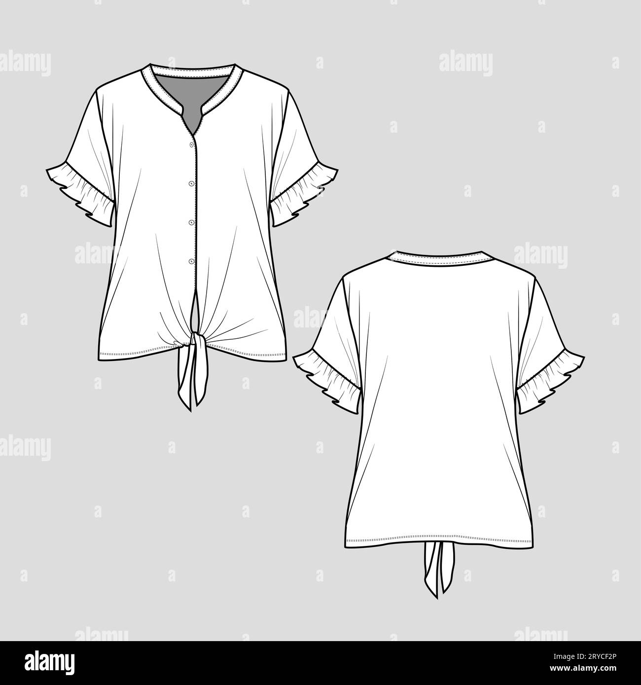 Women front tie knot ruffle sleeves Mandarin collar henley full open ...