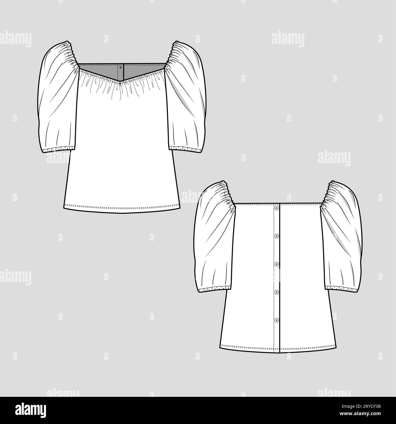 Women Fashion blouse elastic gathering puff sleeve back button panel ...