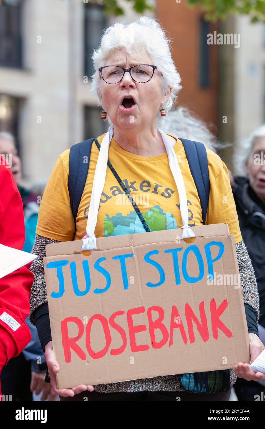 Campaigners take part in a Stop Rosebank protest outside the UK ...