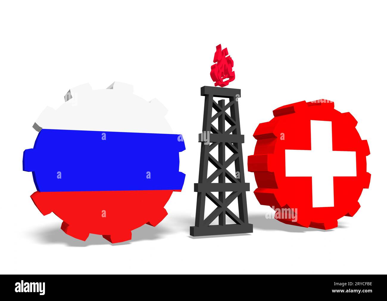 Russian and switzerland flags on gears, gas rig between them Stock ...